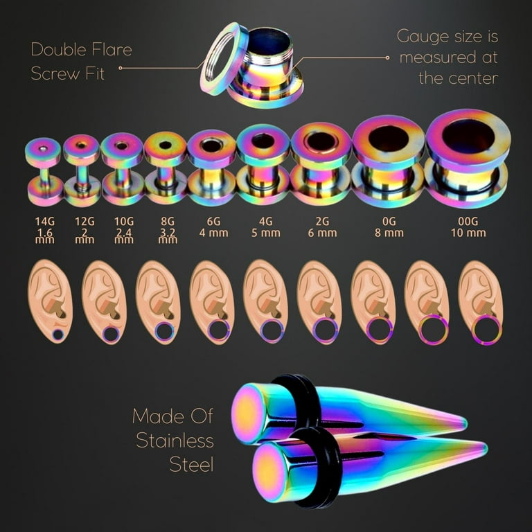 BodyJ4You 37PC Ear Stretching Kit 14G 00G Beginner Gauges Aftercare Jojoba Oil Rainbow Steel Tapers Plugs Screw Fit Tunnels Stretchers