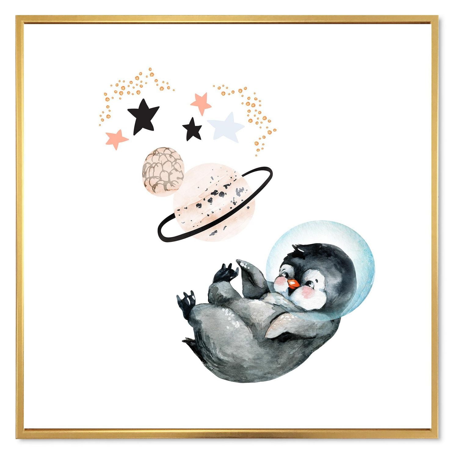 Designart Little Penguin With Stars and Planets I FLOAT FRAME WALL ART ...