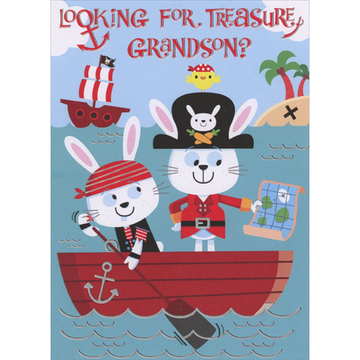 Designer Greetings Cute Pirate Bunnies Holding Treasure Map in Rowboat ...