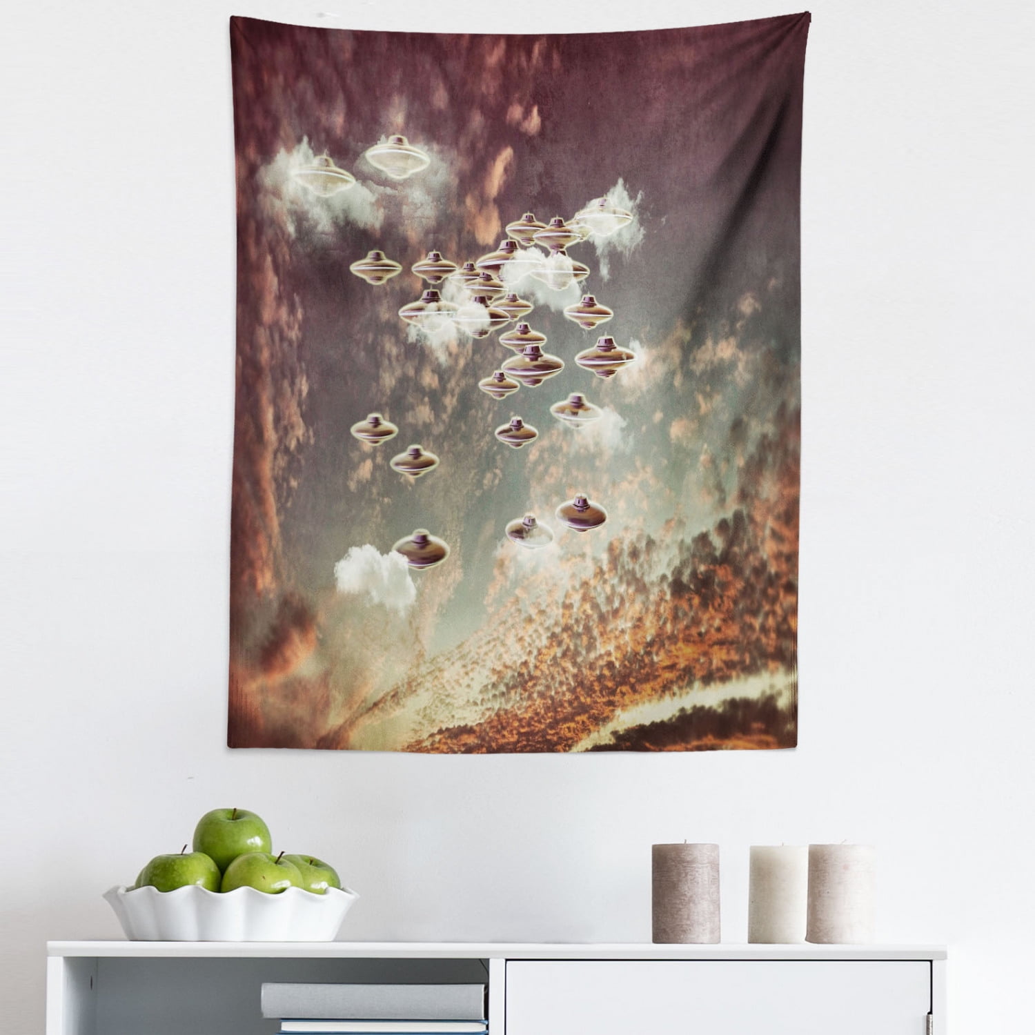 Outer Space Tapestry, Flying Objects in Cloudy Sky UFOs Aliens ...