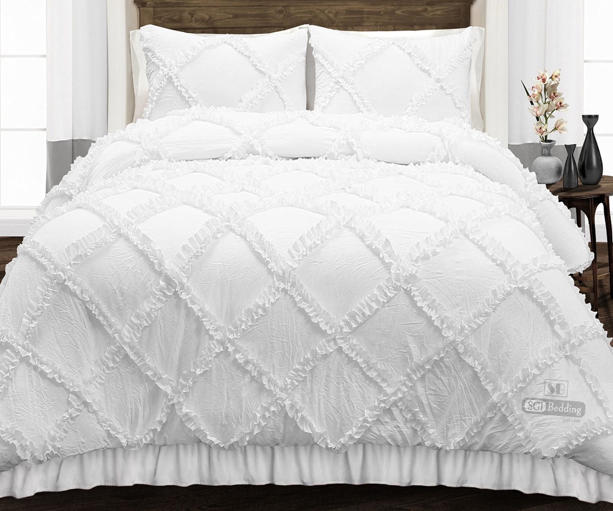 SGI Queen Diamond Ruffle Comforter Set Microfiber 3 Piece White ...