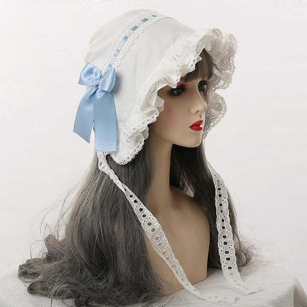 Women Pilgrim Victorian Bonnet Lolita Vintage Ruffles Maid Cosplay Hat ...