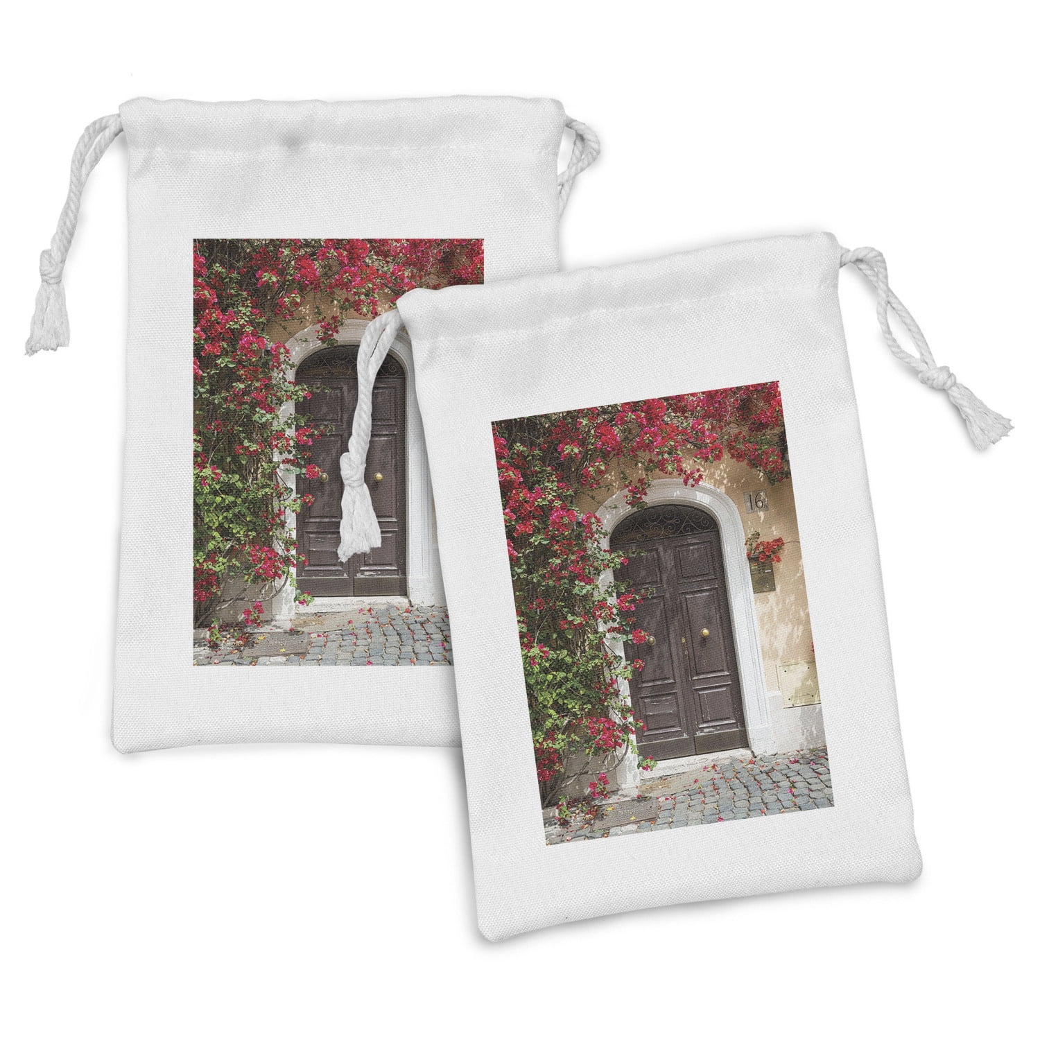 Moroccan Fabric Pouch Set of 2, Old Wooden Door Surrounded by Flowers ...