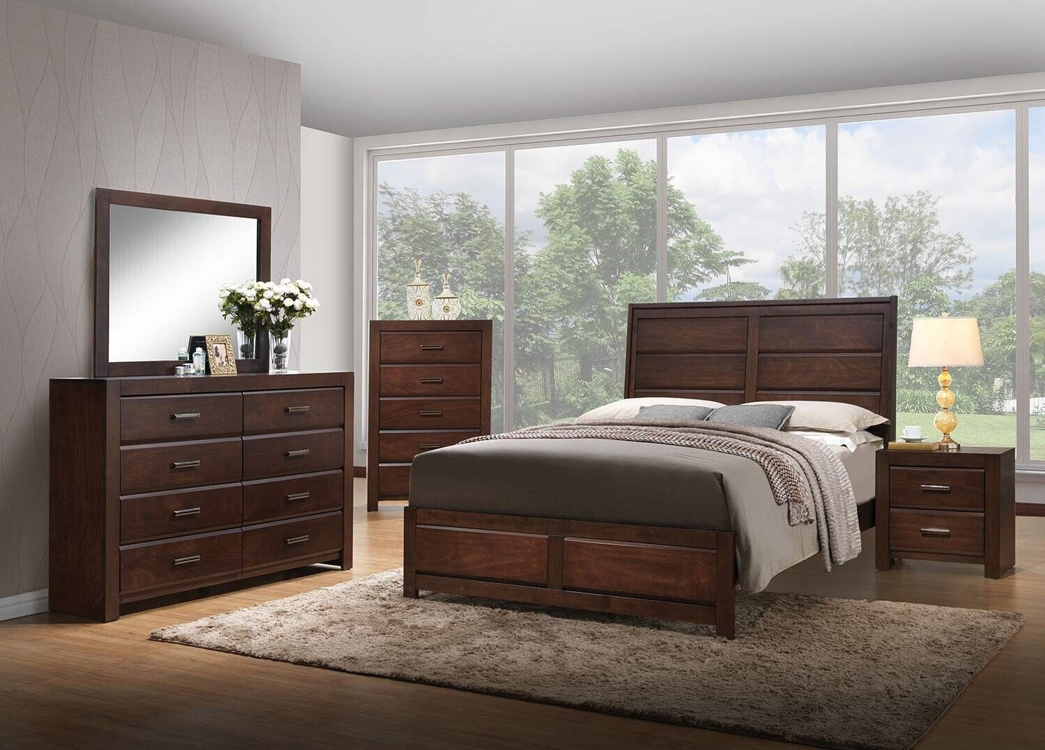 Attractive Walnut Finish Bedroom Set 4pc Queen Size Bed Nightstand ...