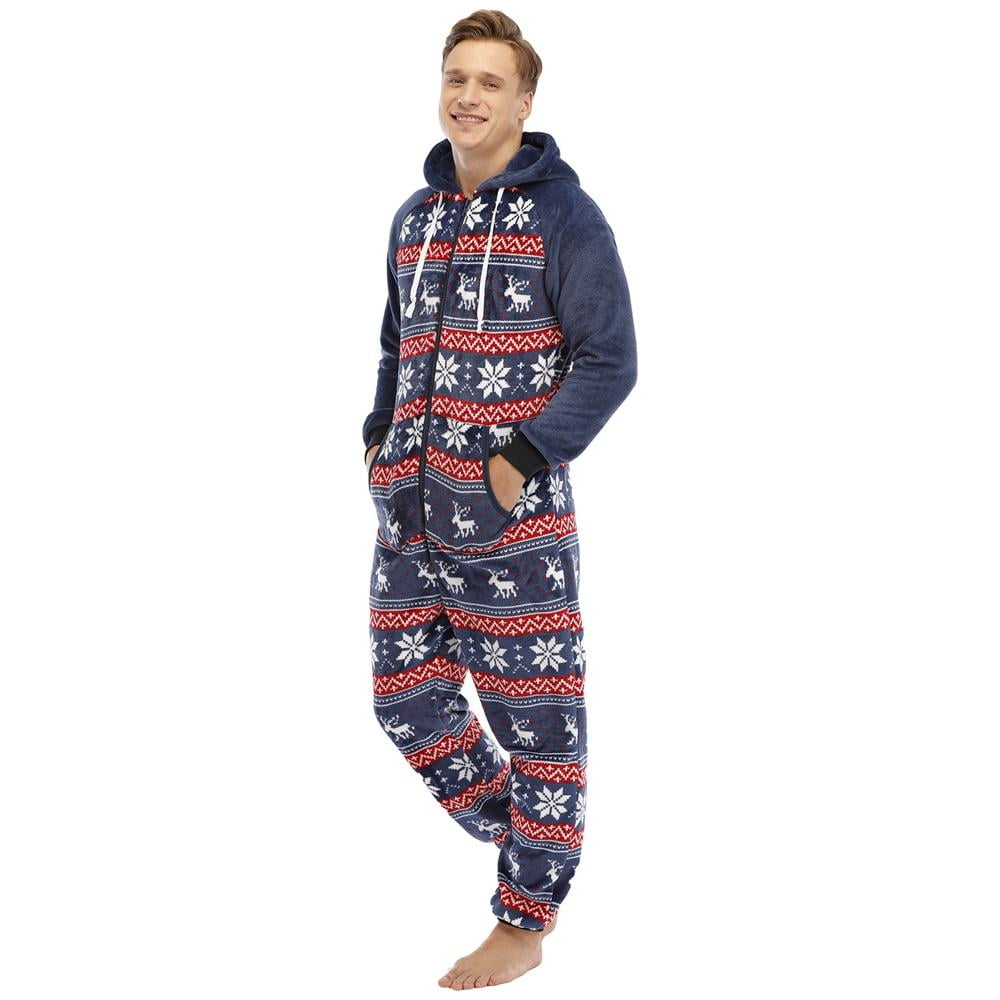 Men's Warm Fleece One Piece Footed Pajamas,Adult Onesie with Hood ...