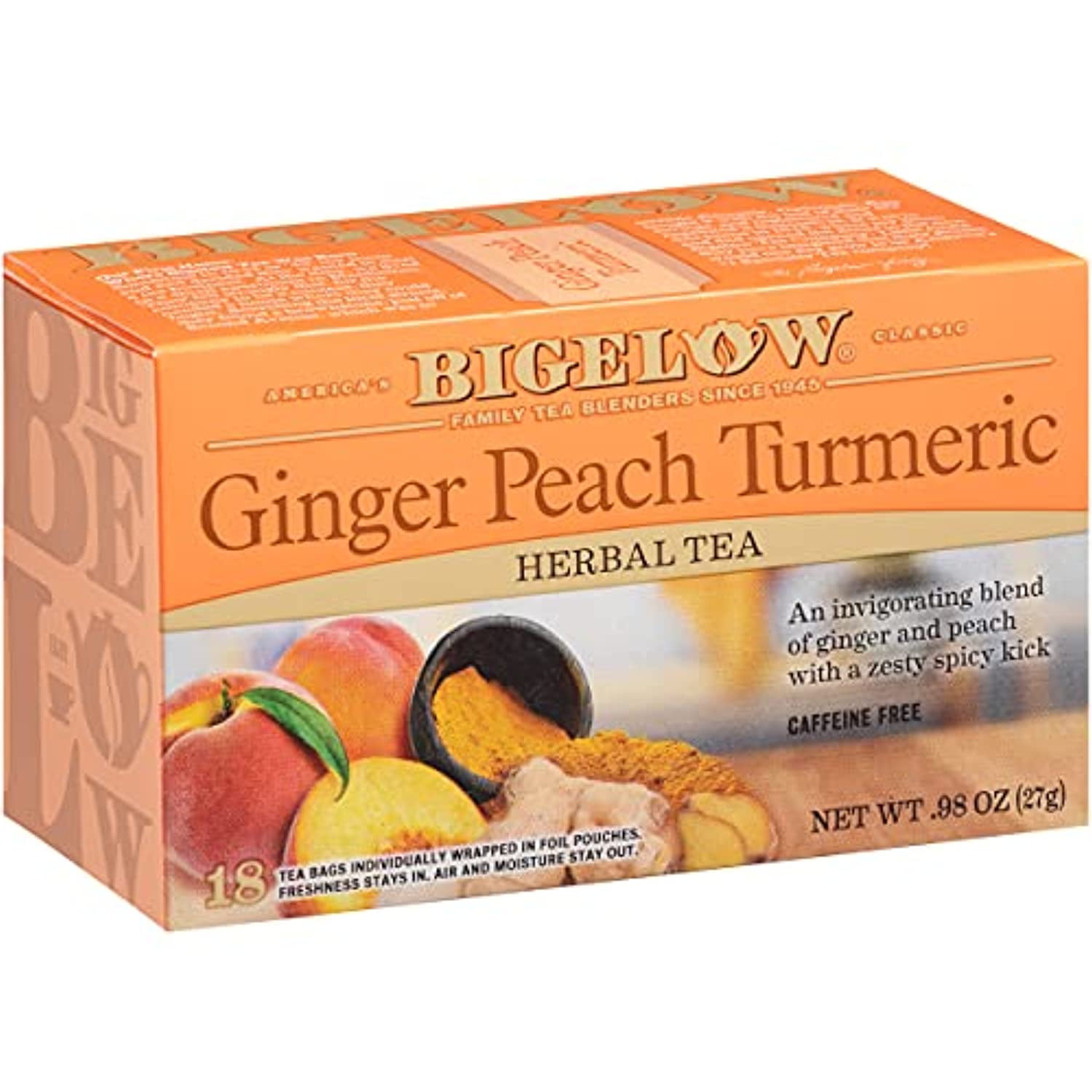 Bigelow Tea Ginger Peach Turmeric Herbal Tea Bags, 18 Count Box (Pack ...