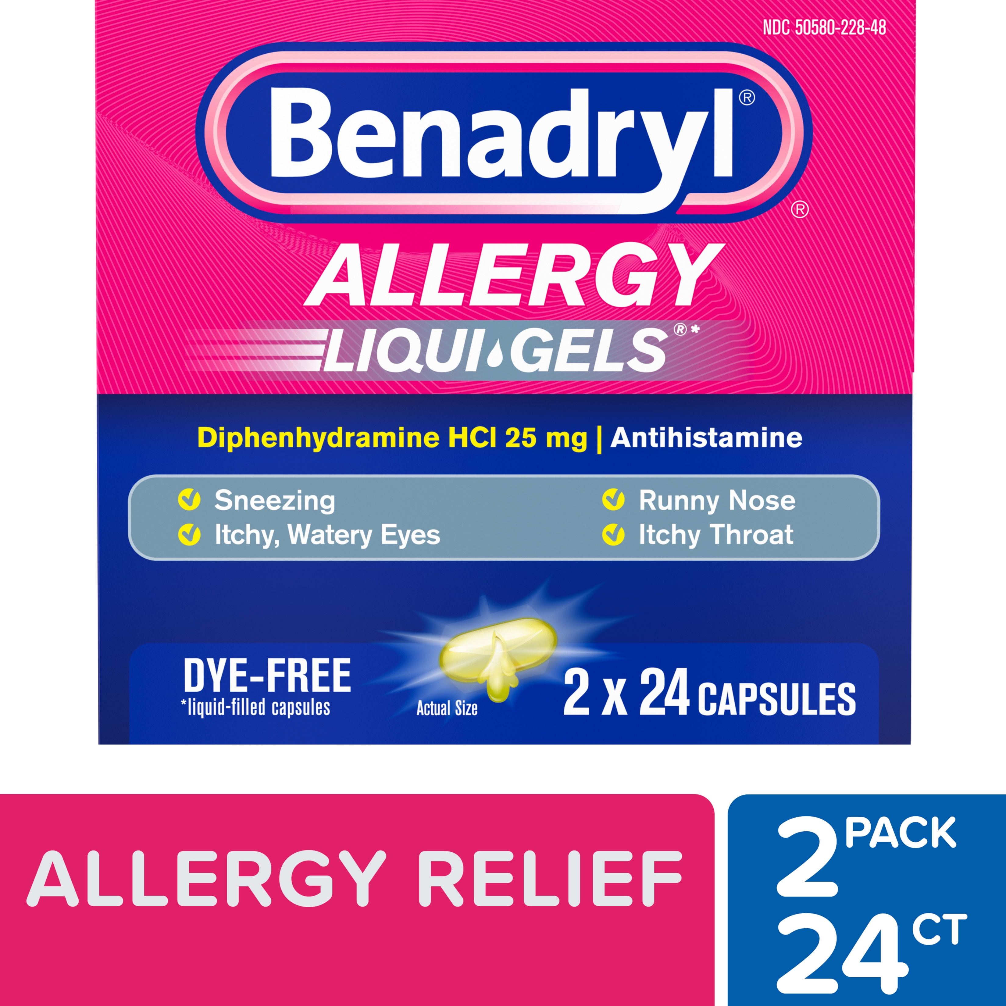 Benadryl Liqui-Gels Dye-Free Allergy Medicine & Cold Relief, 2 x 24 ct ...