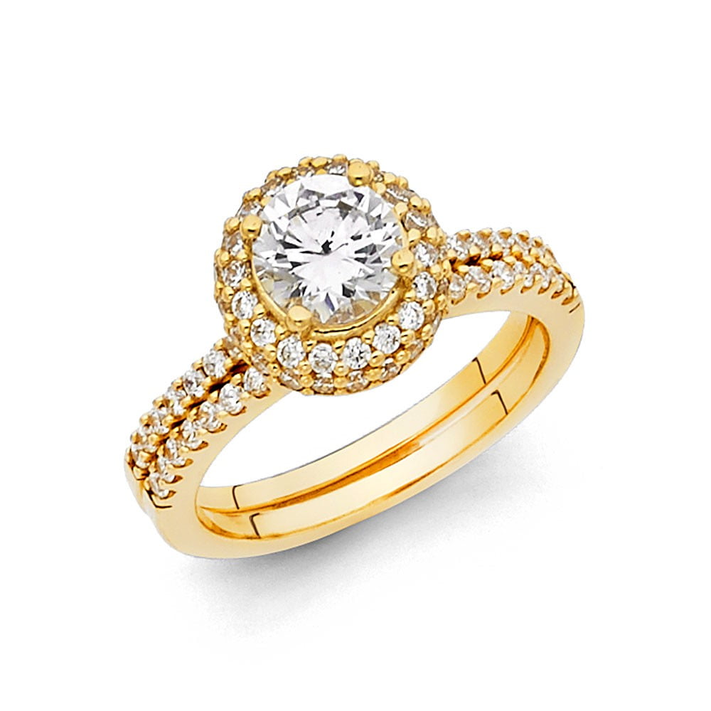 14k Solid Italian Yellow Gold Round Flower CZ Halo Wedding Ring Duo Set ...
