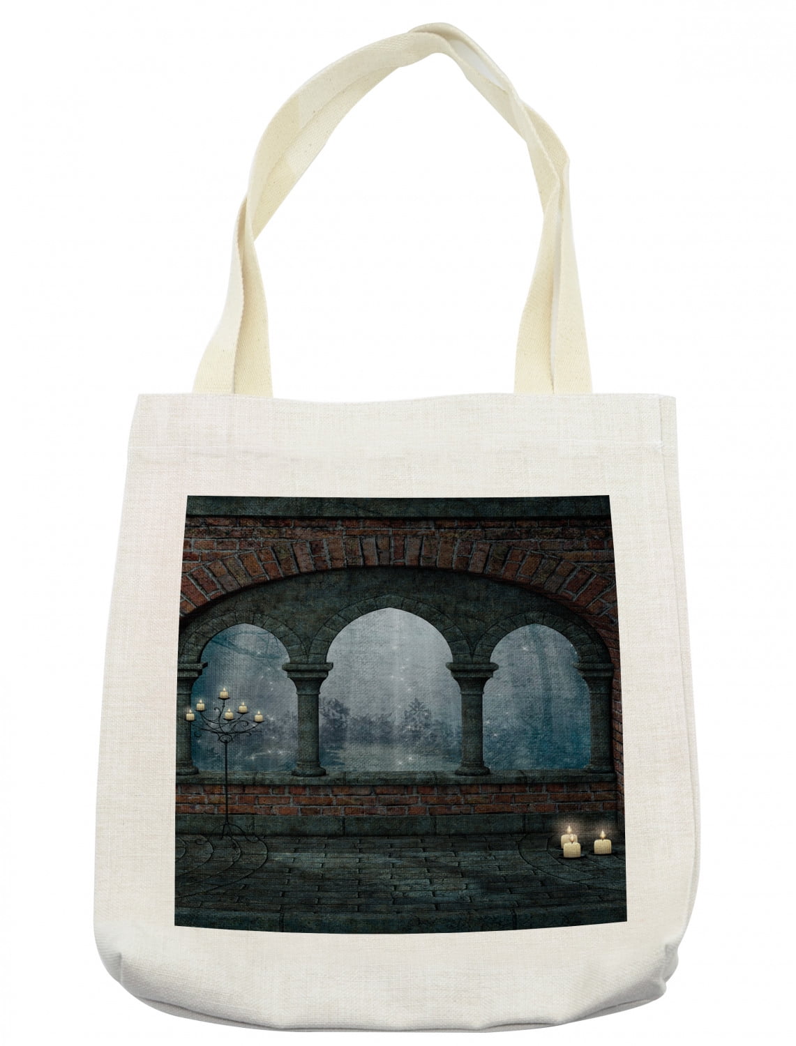 Gothic Tote Bag, Medieval Castle at Night with Old Arch and Candles ...