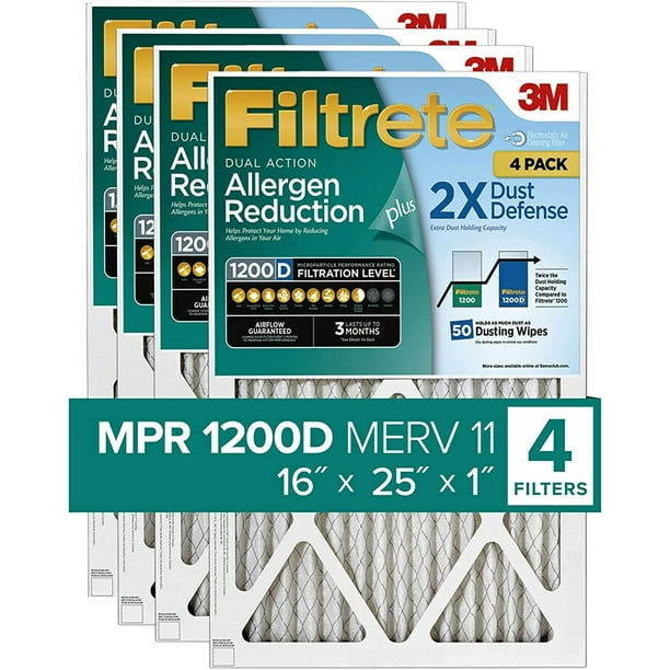 Filtrete 16x25x1 Air Filter MPR 1200D MERV 11, Allergen Reduction Plus Dust, 4-Pack Filters ...
