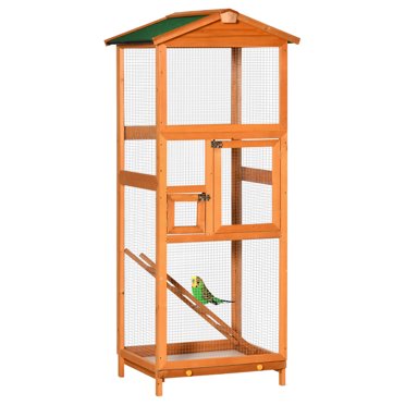 PawHut Outdoor Bird Cage - Wooden Aviary with Playground, Slide-Out ...