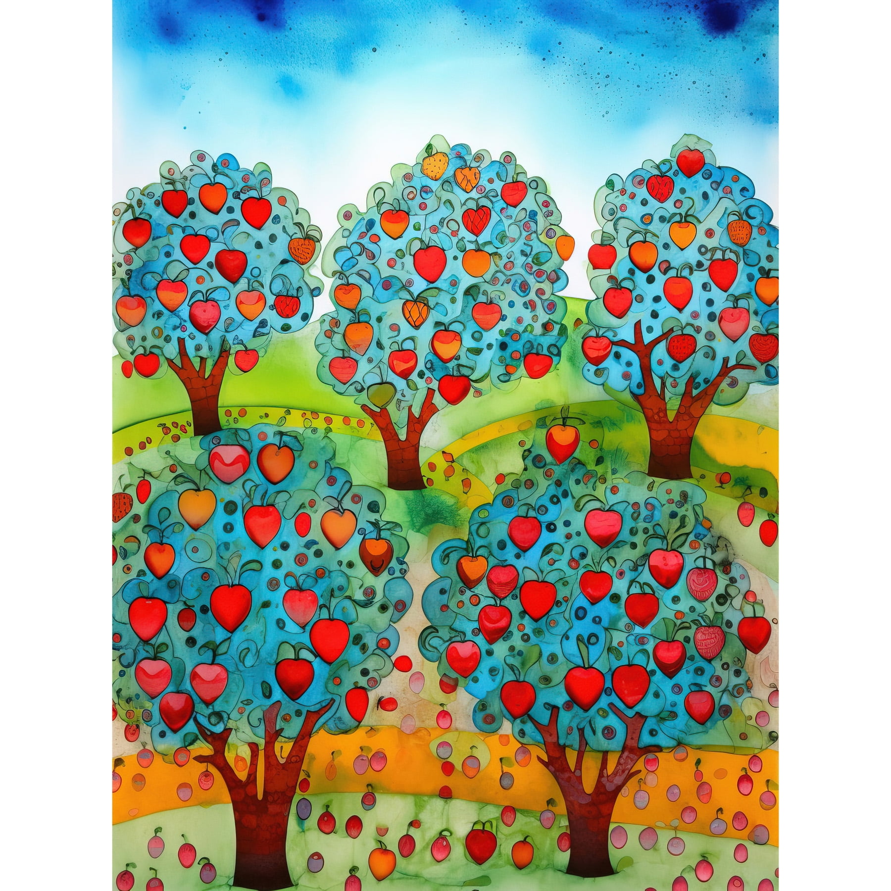 Apple Orchard Trees Ready For Harvest Folk Art Landscape Watercolour ...