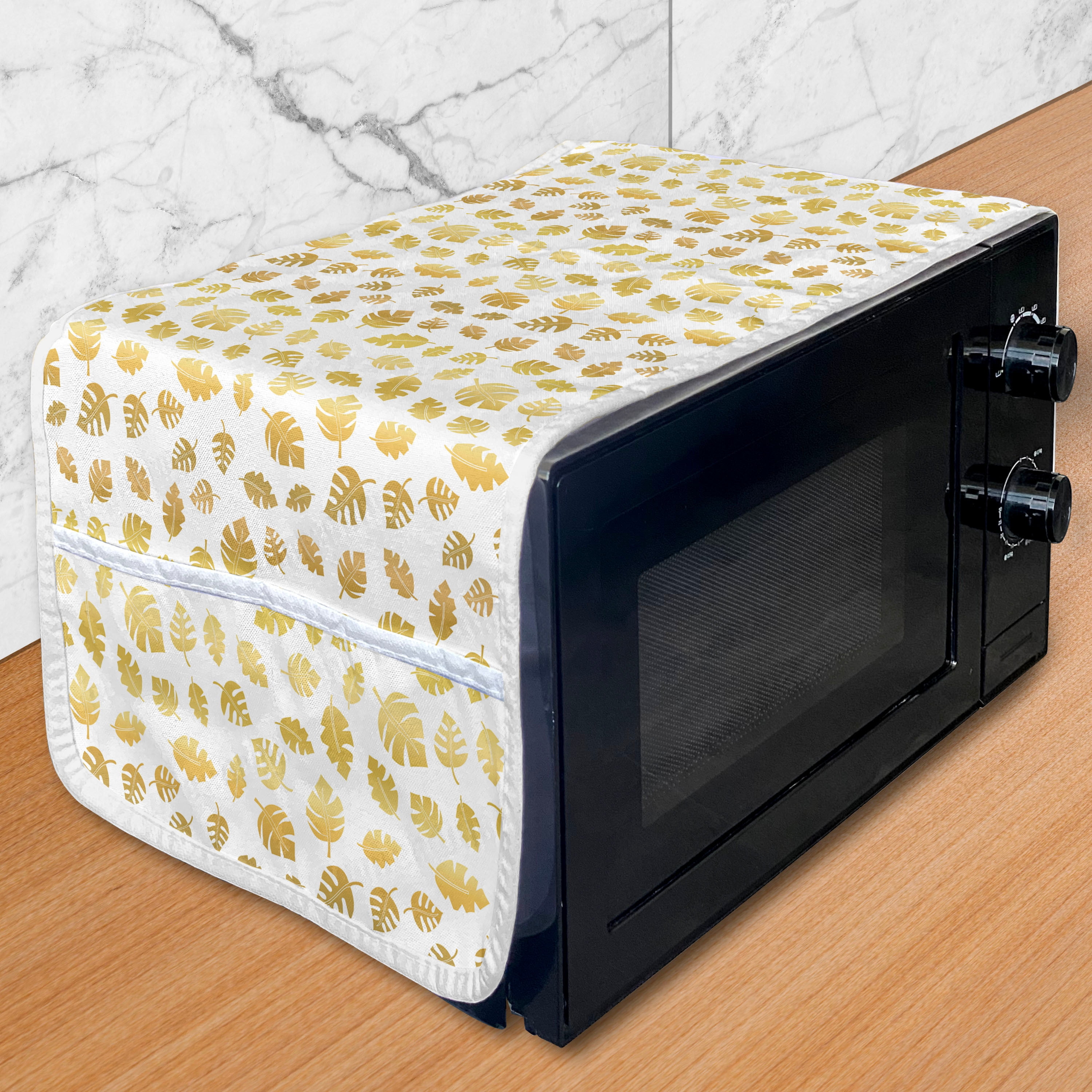 Tropical Microwave Oven Cover, Contemporary Exotic Gold Toned Monstera ...