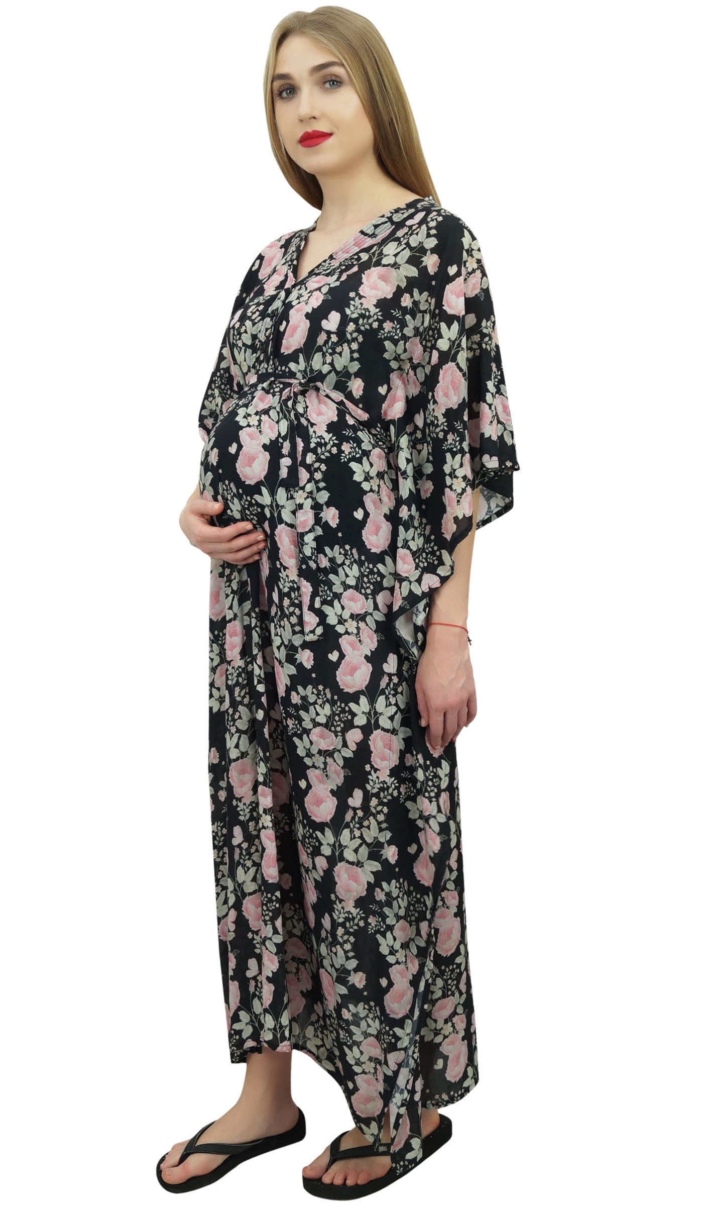 Bimba Moms Black Floral Printed Kimono Sleeve Maternity Kaftan With ...