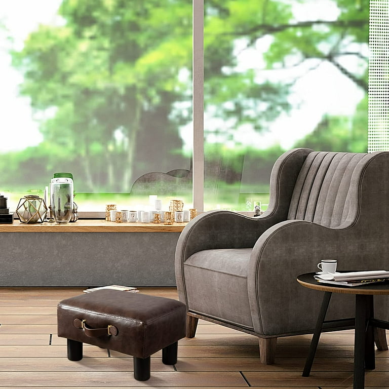 Small Foot Stool with Handle Brown Faux Leather Short Foot Stool Rest Rectangle Storage Foot Stools Ottoman with Plastic Legs Padded Footstool