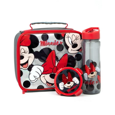 Disney Minnie Mouse Lunch Box 3 Piece Set For Kids | Red Glitter ...