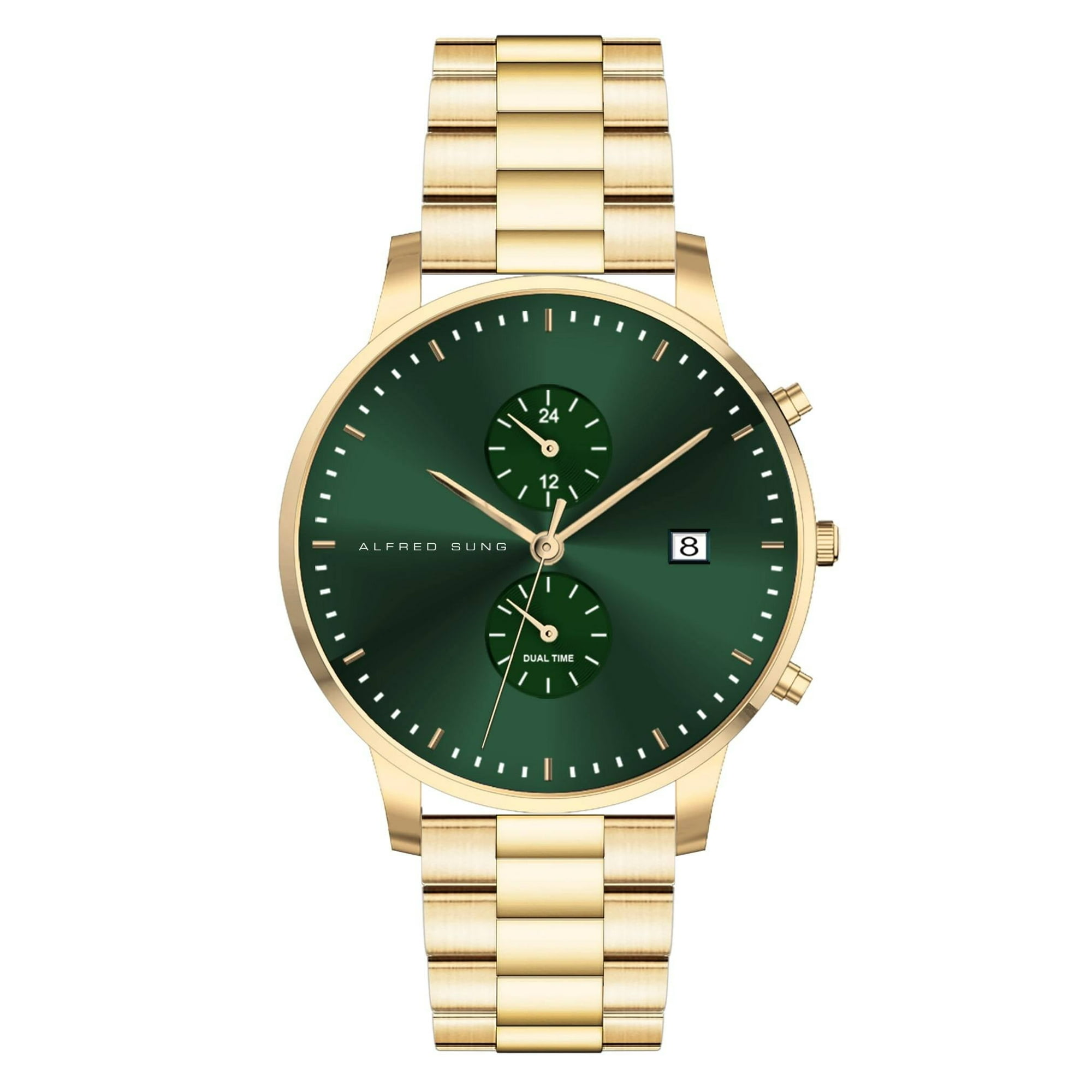 Click here for Alfred Sung Dual Time Green Dial Gold Stainless St... prices