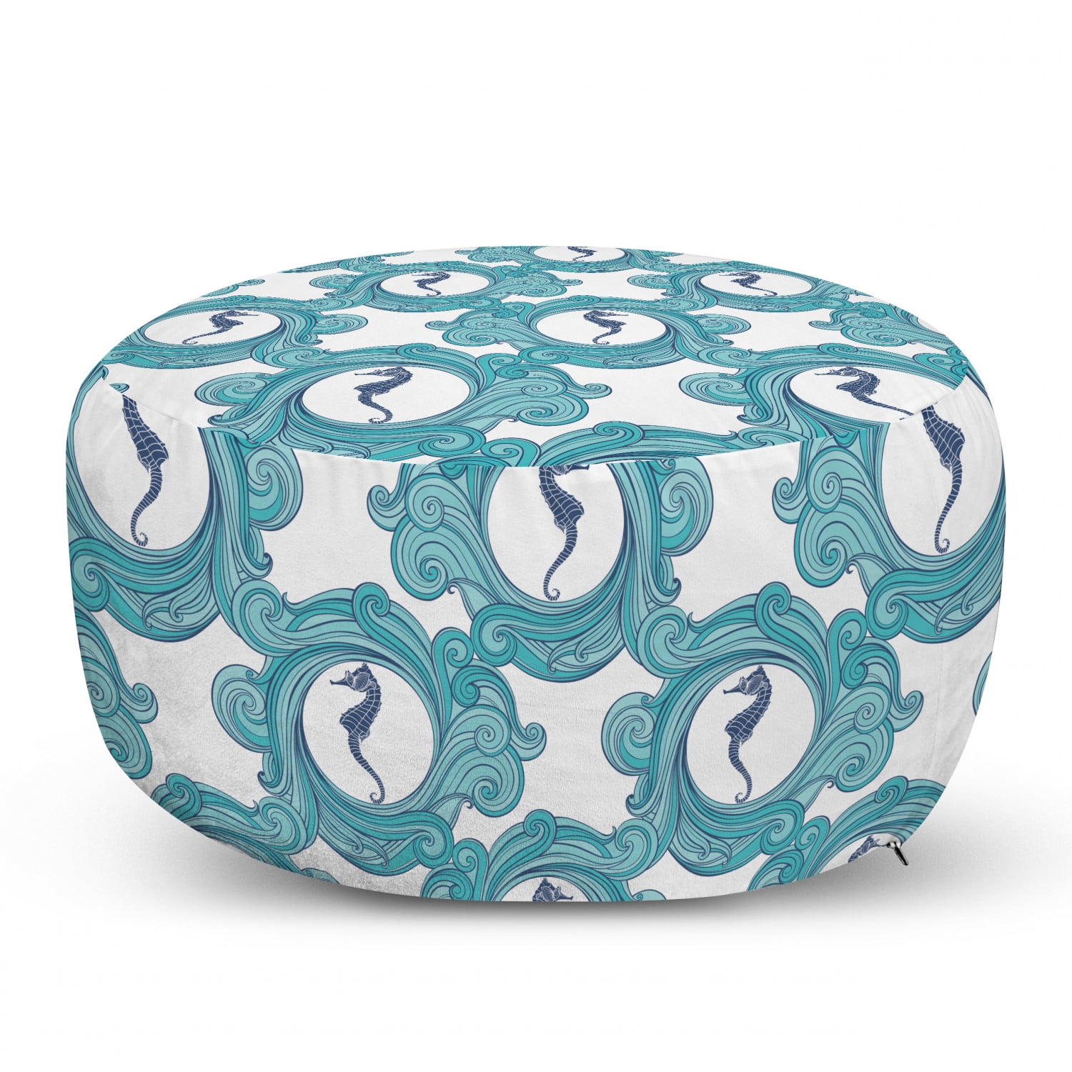 Blue Nautical Pouf Cover with Zipper, Curves Rounds with Seahorse ...