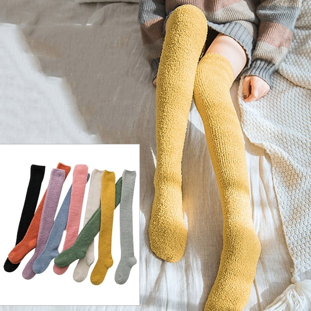 Womens Thigh High Fuzzy Socks Cute over the knee Stockings Warm Stripe ...