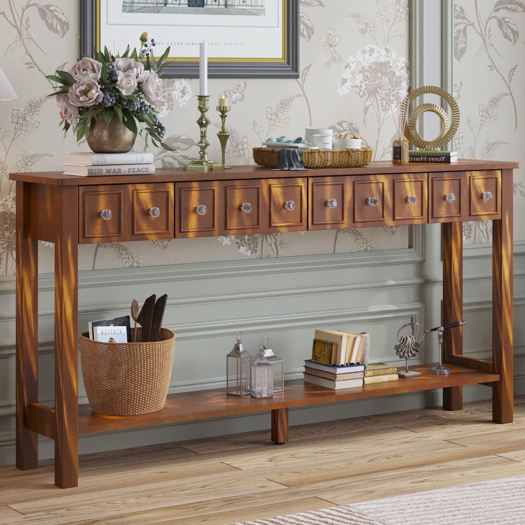 UWR-Nite Distressed Entryway 4-Drawer Console Table with Bottom Open ...