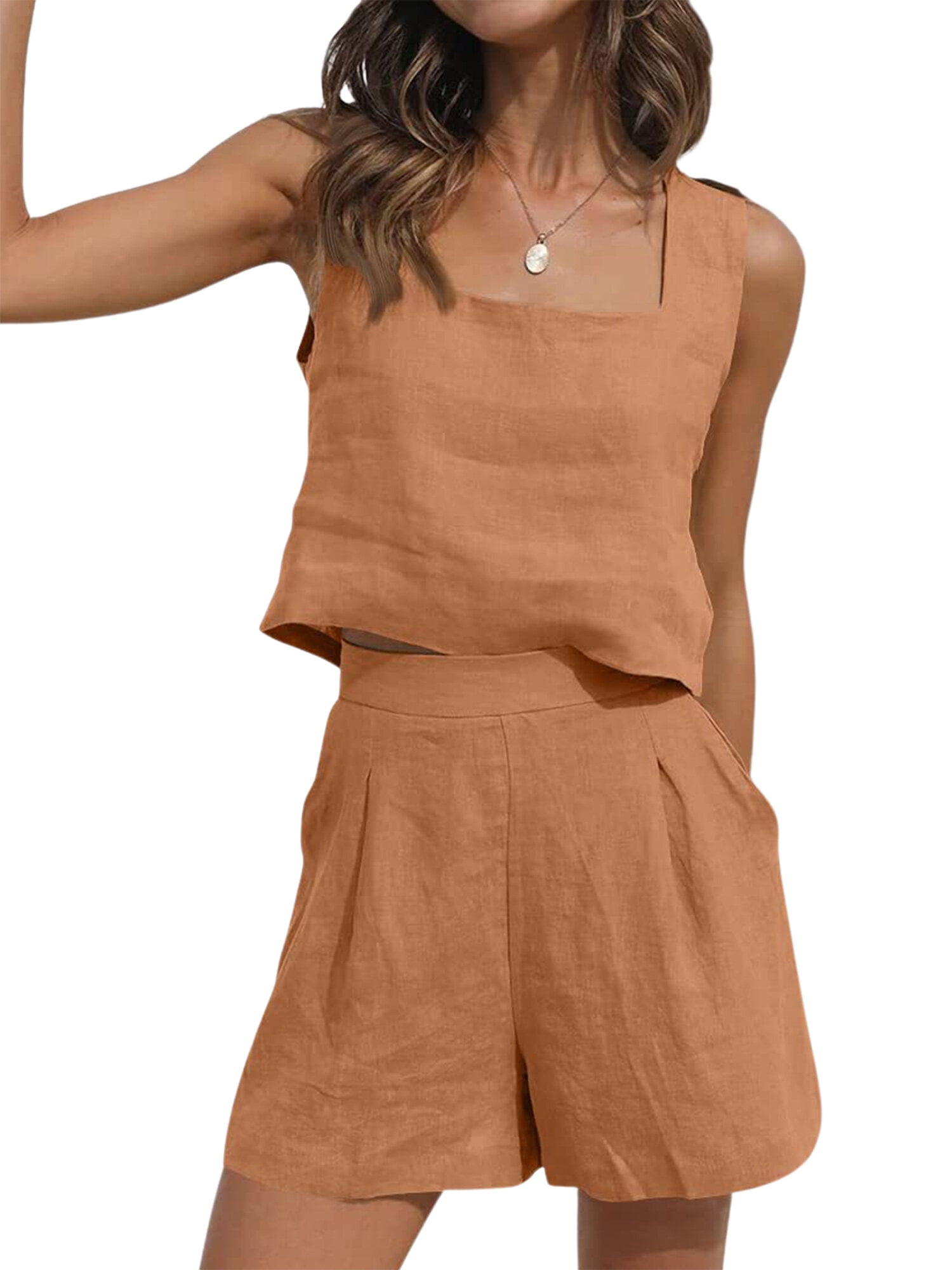 Xuanfei Women Sleeveless Square Neck Linen Matching Shorts Sets With ...