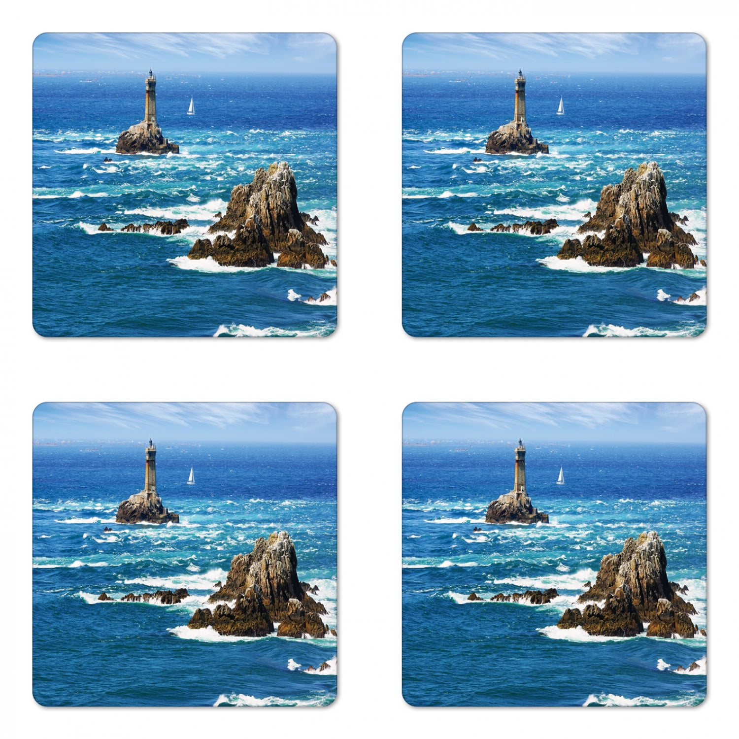 Lighthouse Coaster Set of 4, Daytime Lighthouse Wavy Ocean View and ...