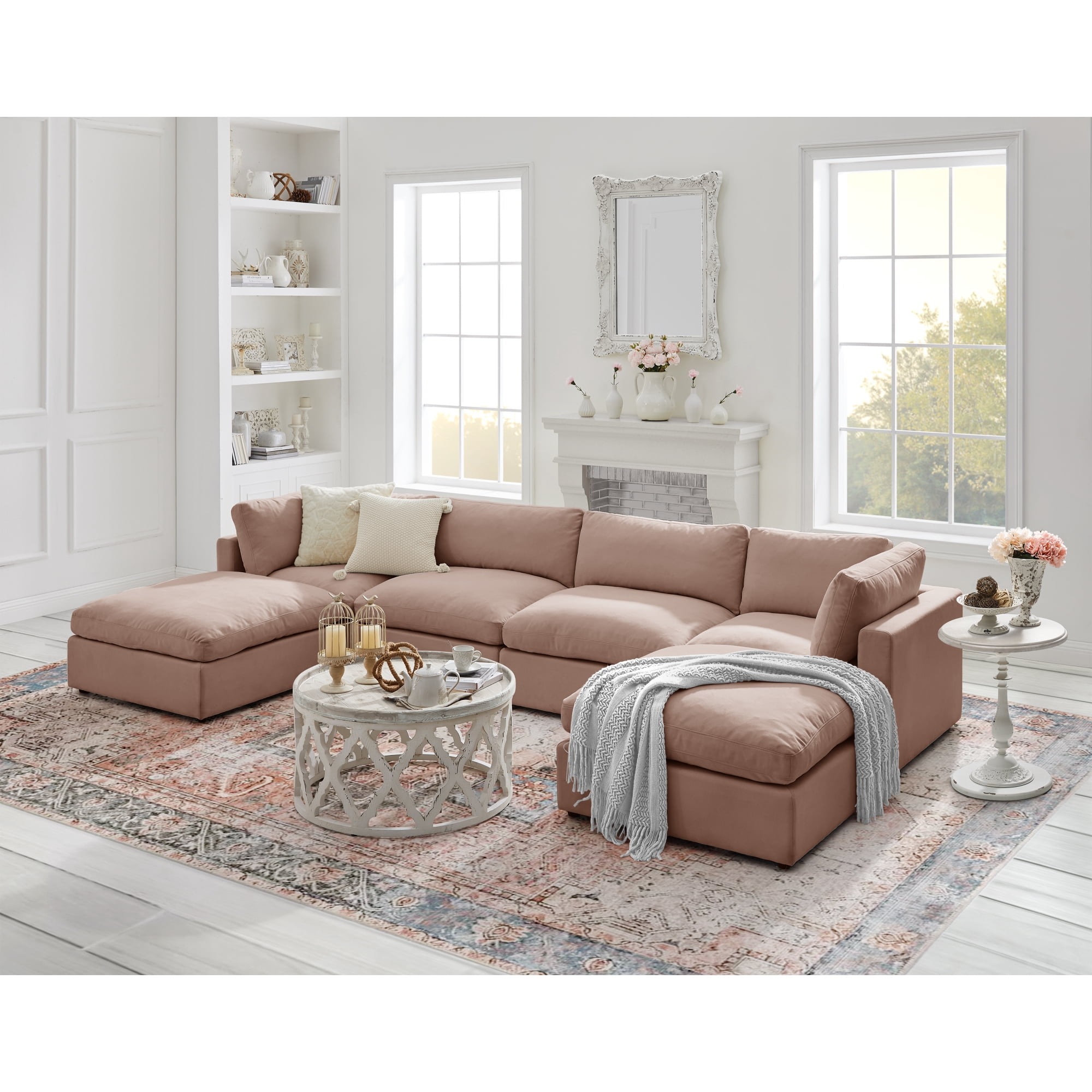 Rustic Manor Saniyah Pink Linen Sofa U-Chaise Sectional - Walmart.com