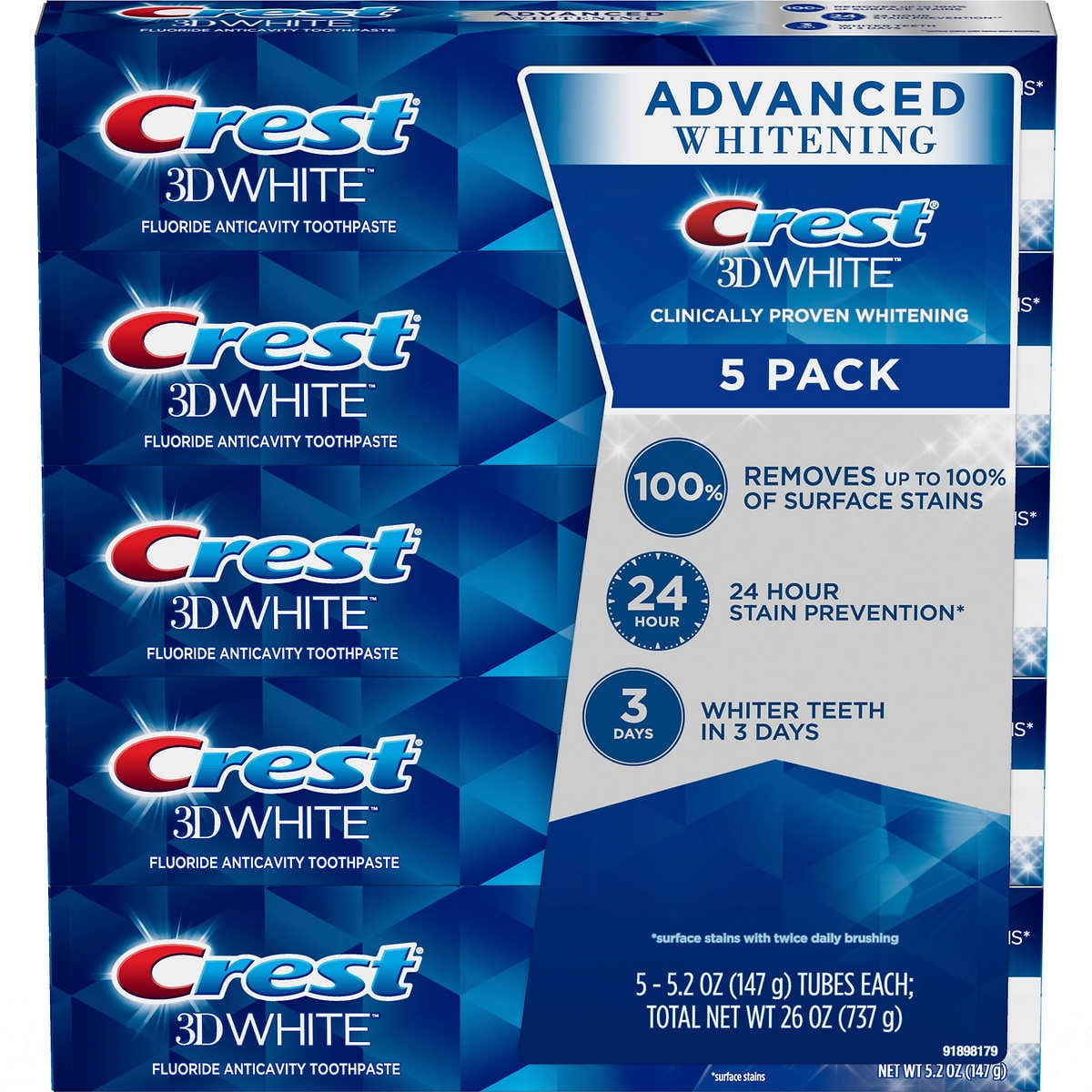 Crest 3D White Advanced Whitening Toothpaste, 5.2 Ounce (Pack of 5 ...