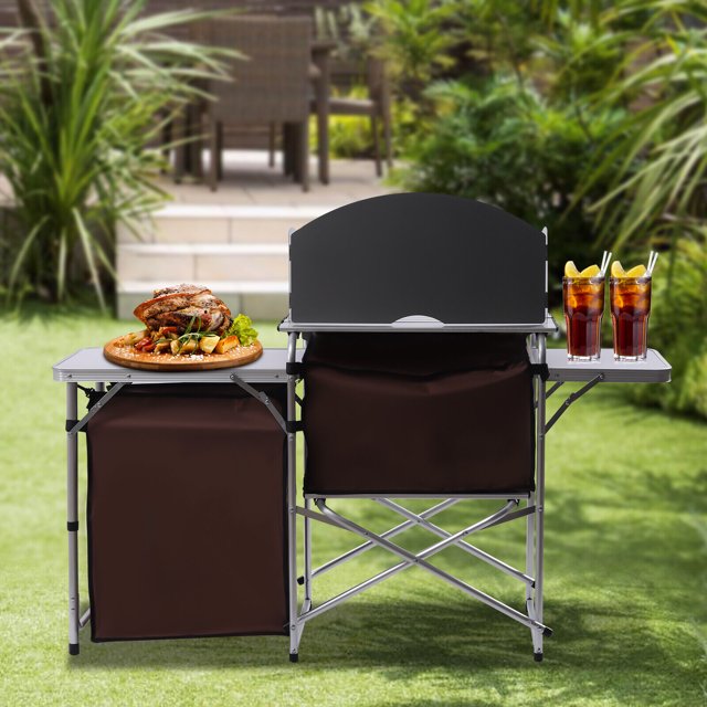 Miumaeov Portable Folding Camp Cook Table with Windscreen Kitchen Table ...