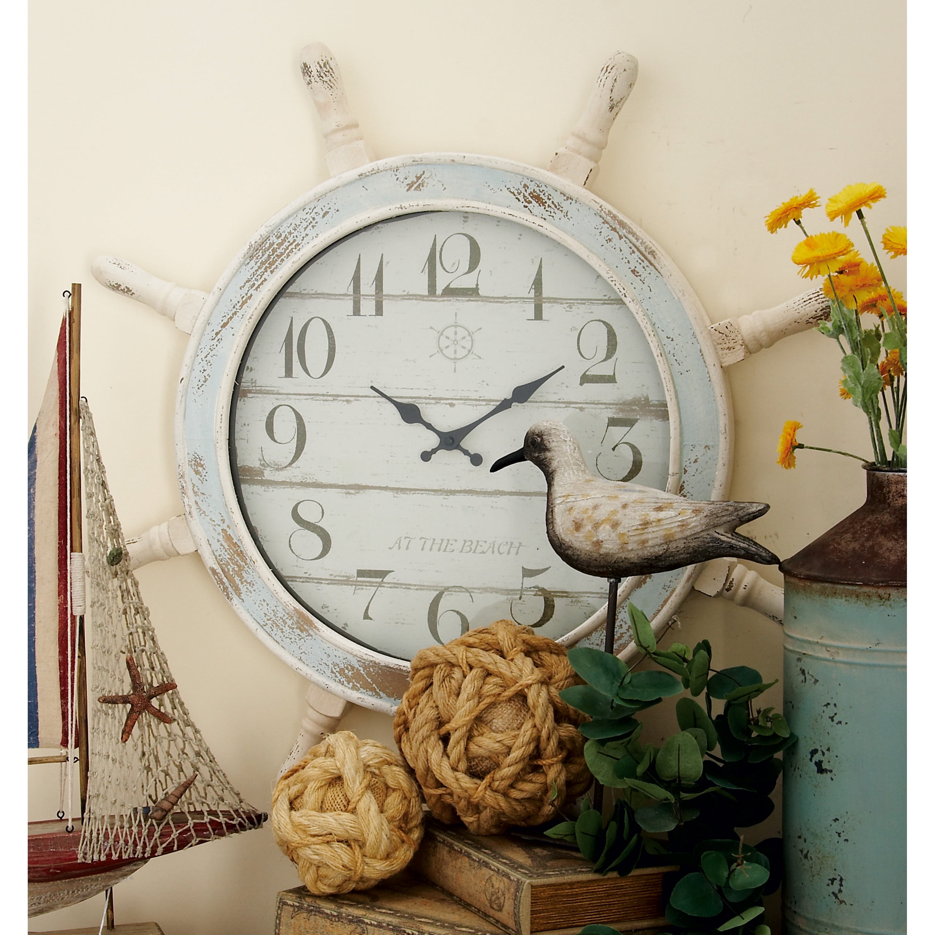 DecMode Blue/White Coastal Anchor Inspired Nautical Wall Clock, 23"D ...
