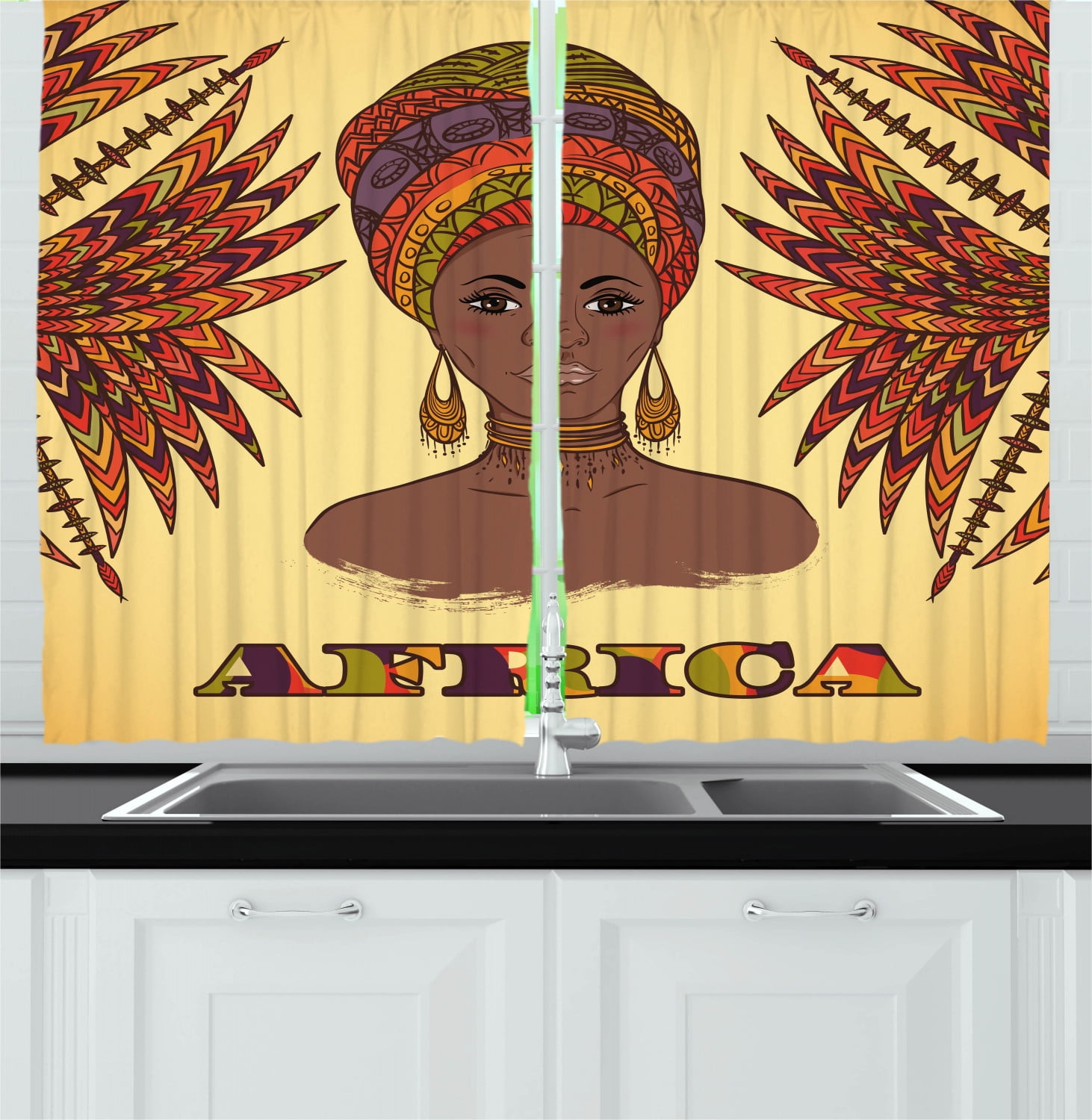 African Curtains 2 Panels Set, Ethnic Woman in Traditional Turban and ...