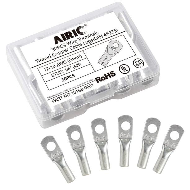 AIRIC 12-10 Gauge Wire Lugs 1/4" Stud 30pcs Cable Tinned Copper Ends ...