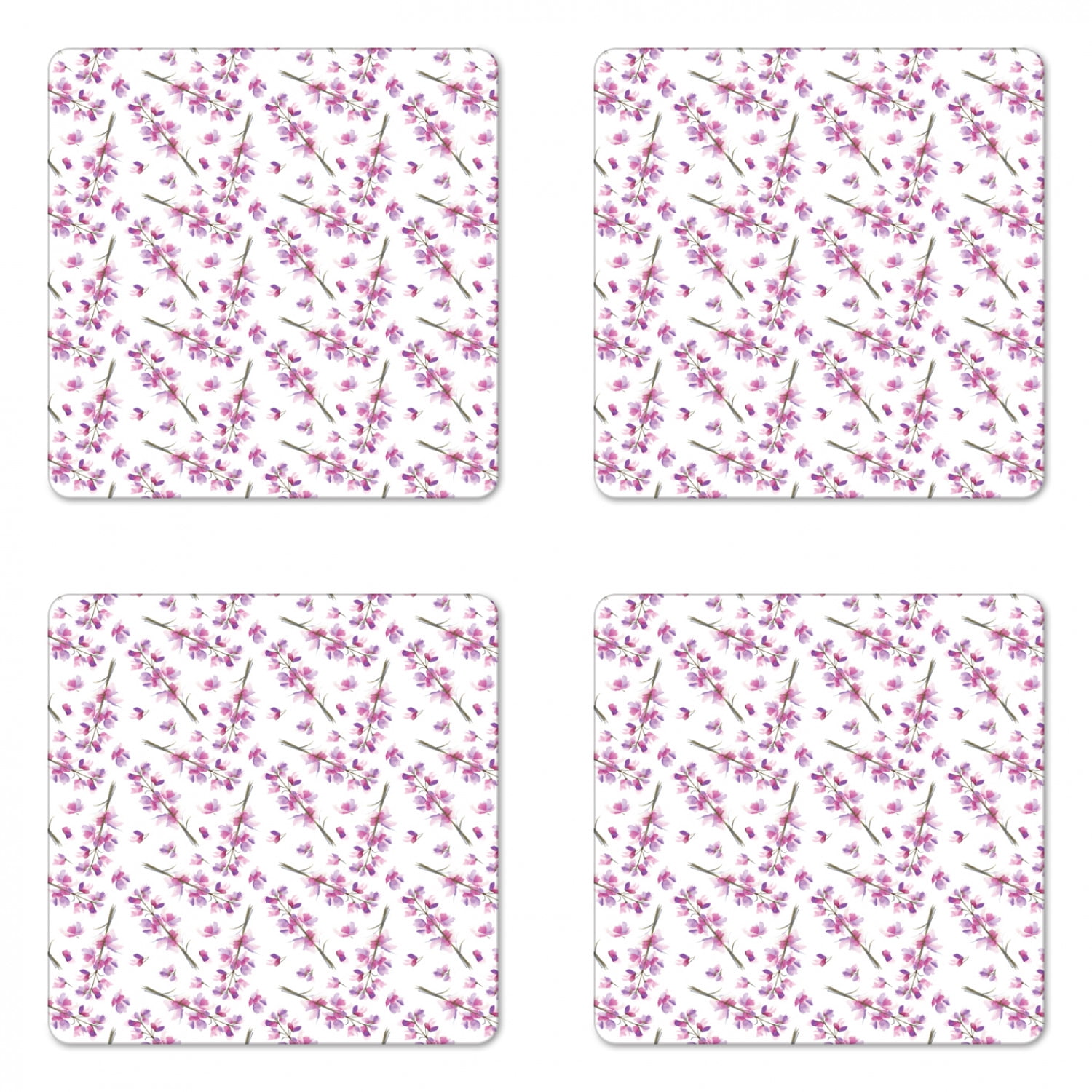 Purple Coaster Set of 4, Hazy Delphinium Floret Branches with Blooming ...