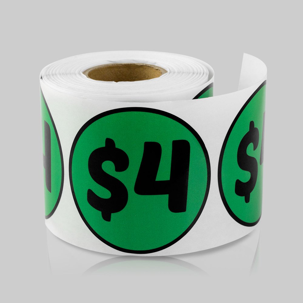 Round $4 Four Dollar Stickers (2 inch, 300 Stickers per Roll, Green, 10 ...
