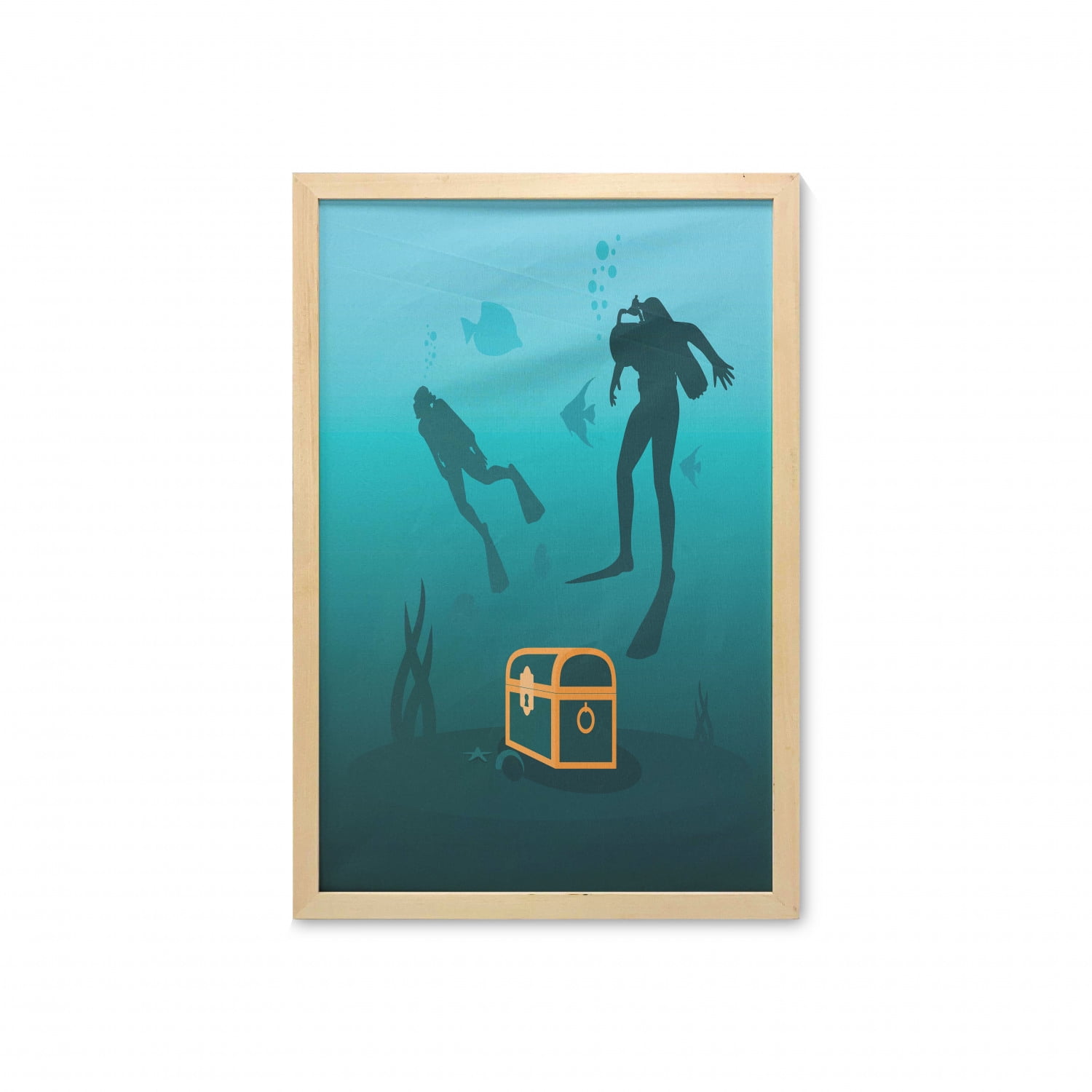 Deep Sea Wall Art with Frame, Silhouettes of Divers and a Sunken Ship ...