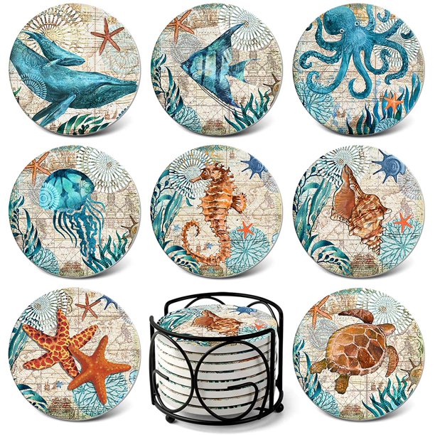 Absorbing Stone Sea Ocean Life Coasters for Drinks by Teivio - Cork ...