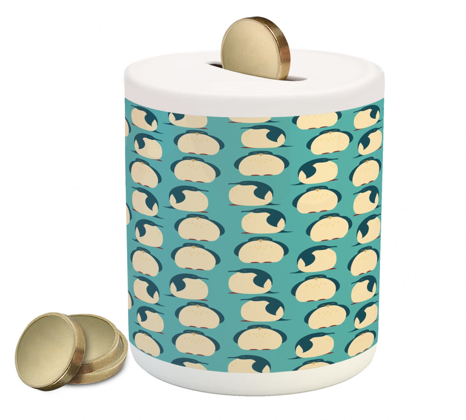 Penguin Piggy Bank, Arctic Birds Animal Characters Pattern on Teal ...