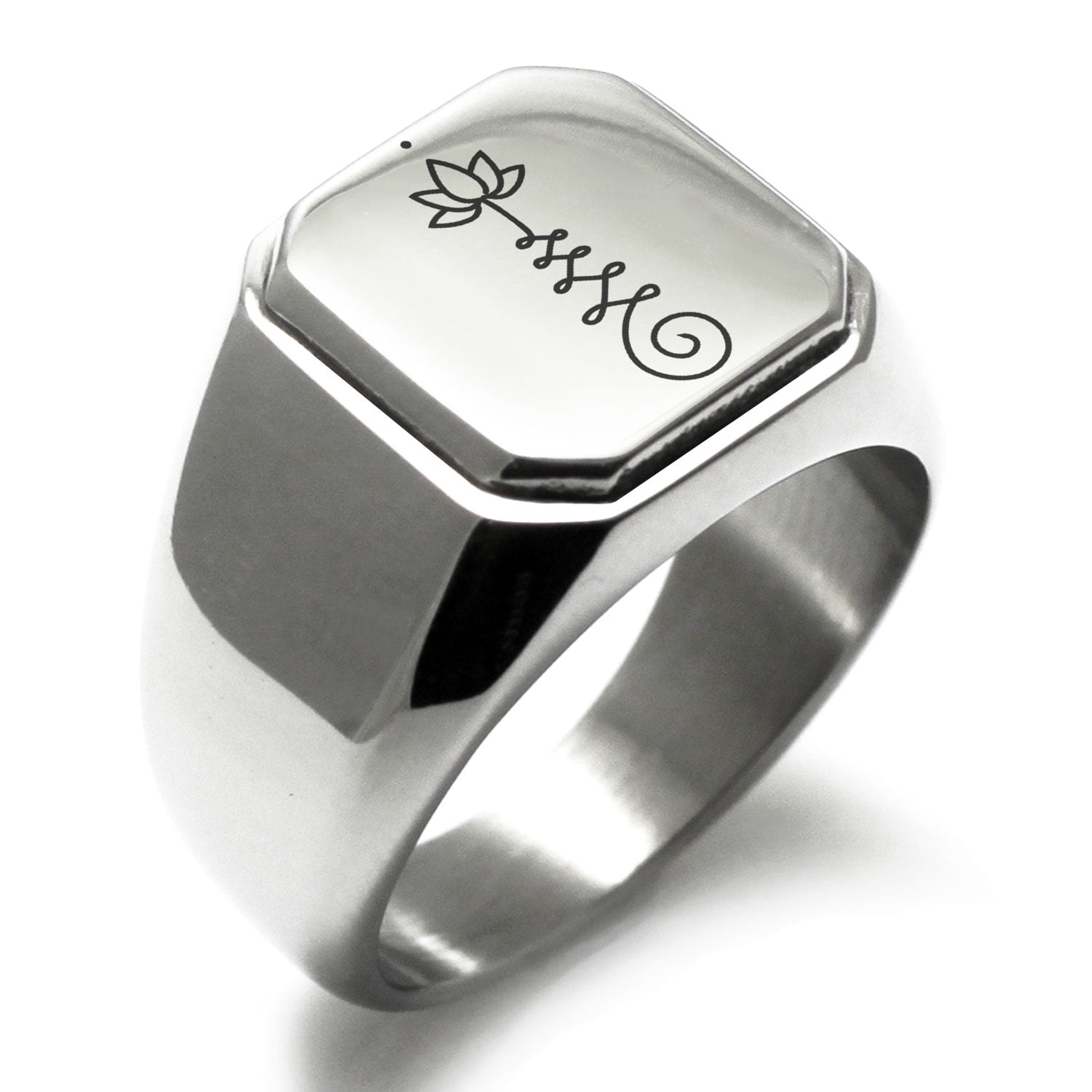 Stainless Steel Sacred Lotus Unalome Engraved Square Flat Top Biker ...