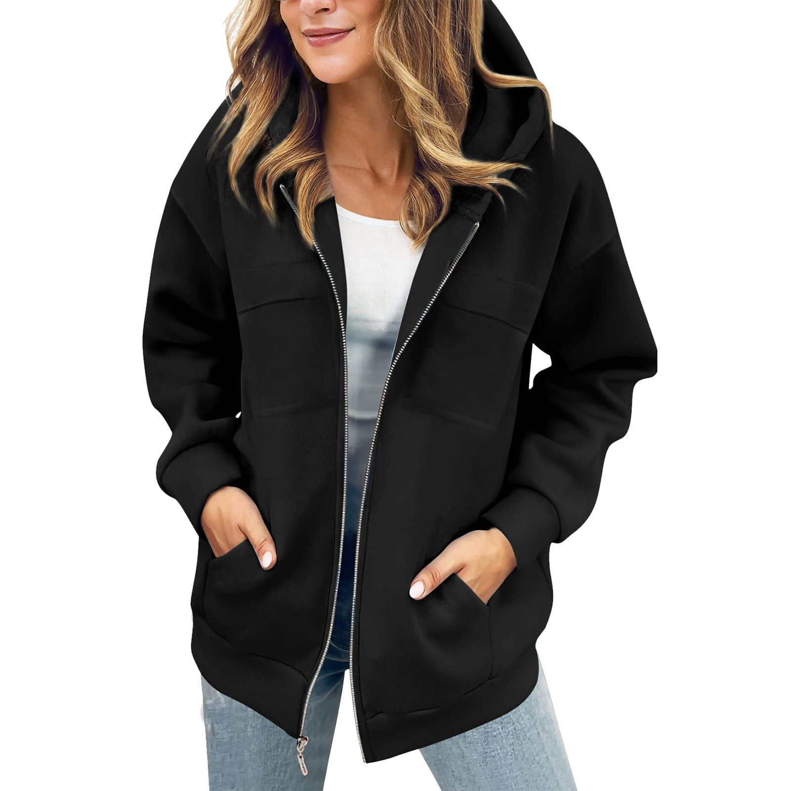 Sayhi Woman Casual Loose Solid Zipper Hooded Pocket Long Sleeve Sweatshirt Coat Long Sweatshirts