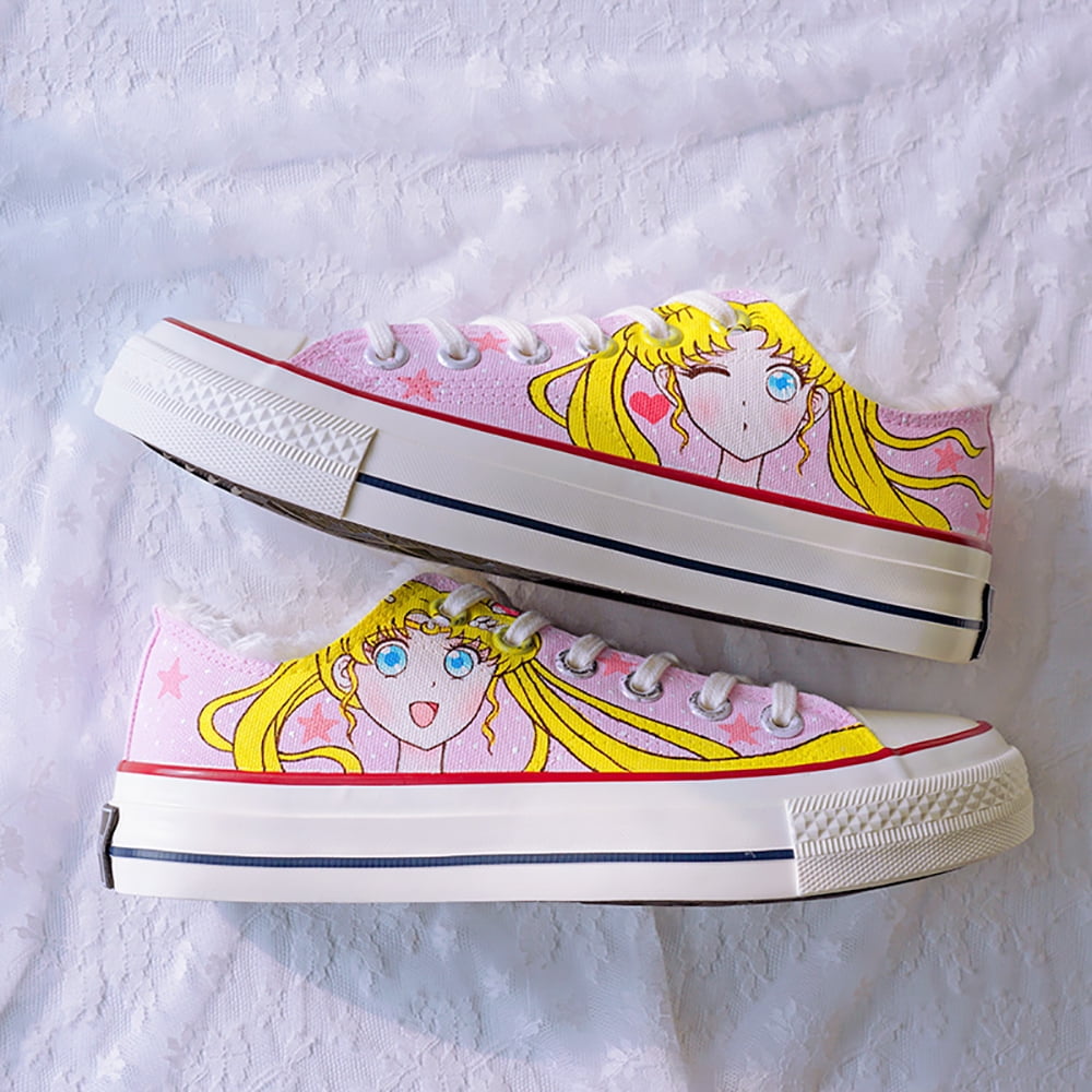 New Hand Painted Ribbons Canvas Shoes Sailor Moon Pink Cute Sports Shoes Cartoon All Match Skateboard Shoes Girl Kids Birthday Gifts Walmart Business Supplies