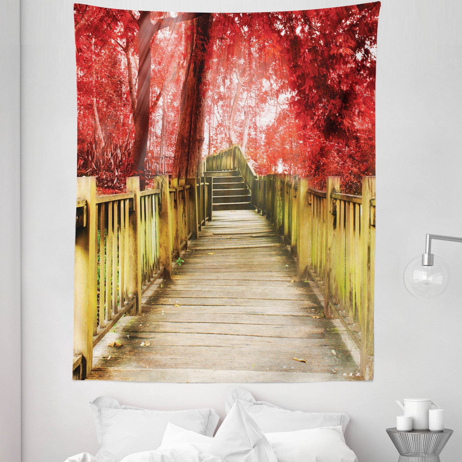 Autumn Tapestry, Abstract Vinous Tones Forest with Wooden Pier Walkway ...
