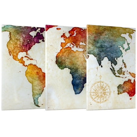 Crystal Art 3 Piece World Map Wrapped Canvas Wall Art Decor Set 19 x 30 ...