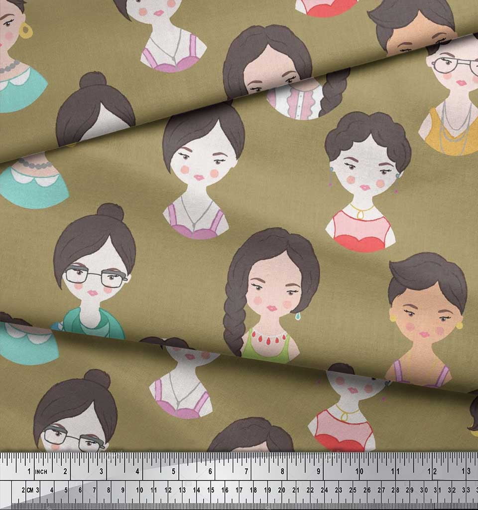 Soimoi Green Cotton Duck Fabric Women Face Human Figure Print Fabric by ...