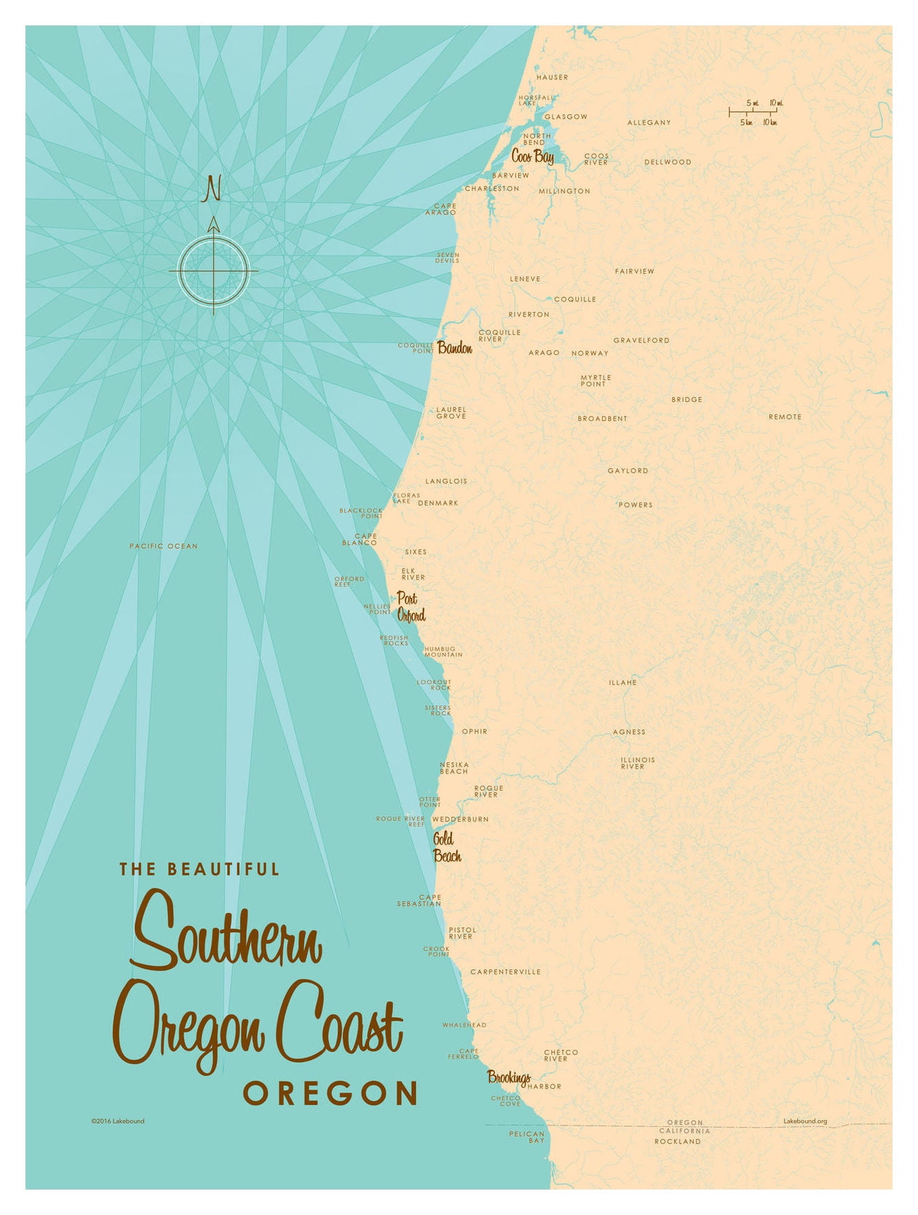 Southern Oregon Coast Oregon Map Vintage-Style Art Print by Lakebound ...