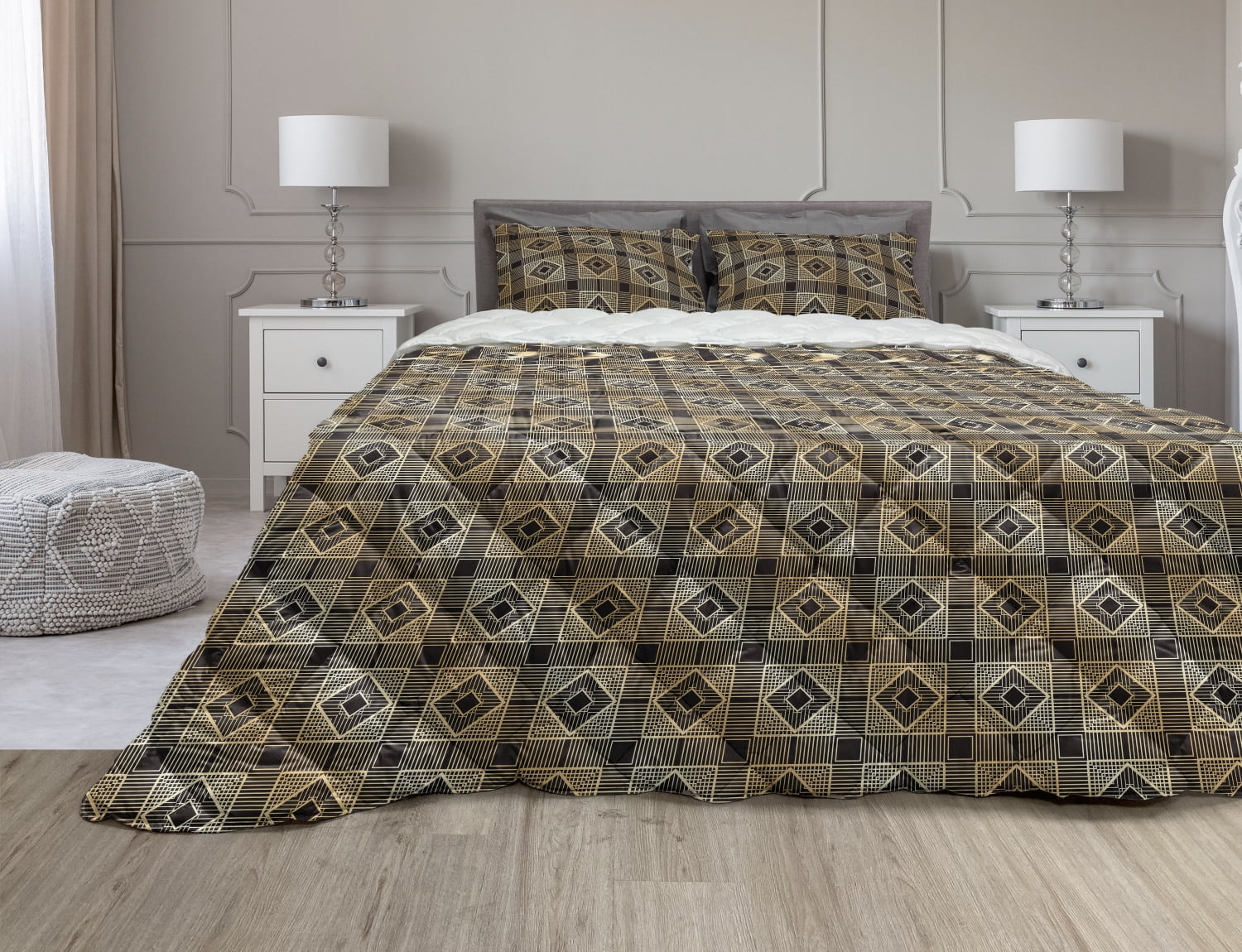 Art Deco Comforter & Sham Bedding Set, Castellated Form of Symmetric ...