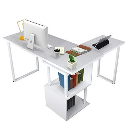 COZUHAUSE L-Shaped Swivel Office Desk 55" 360 Degrees Rotating Honey ...