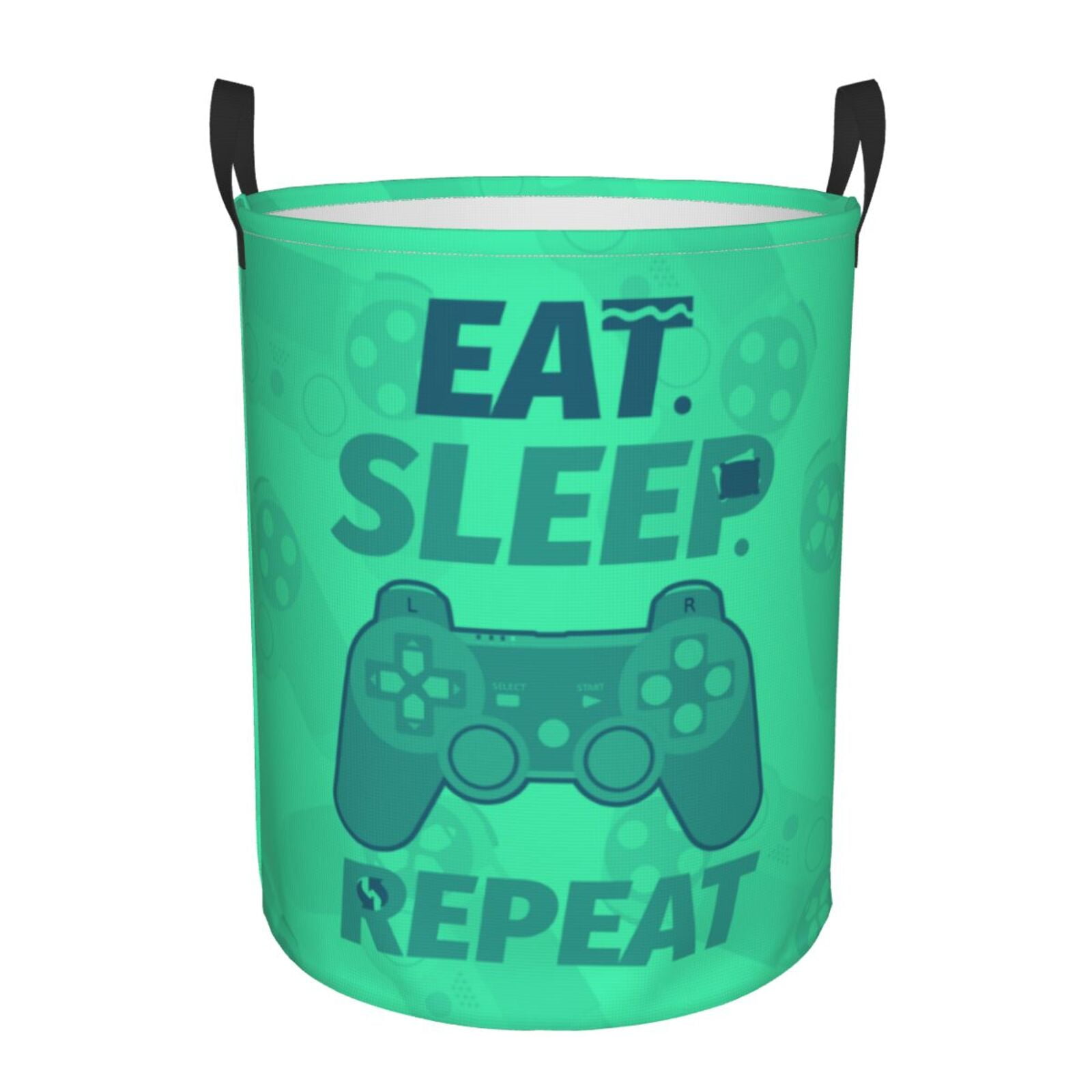 LNWH Laundry Basket, Eat Sleep Game Repeat Cartoon Green Print Pattern ...