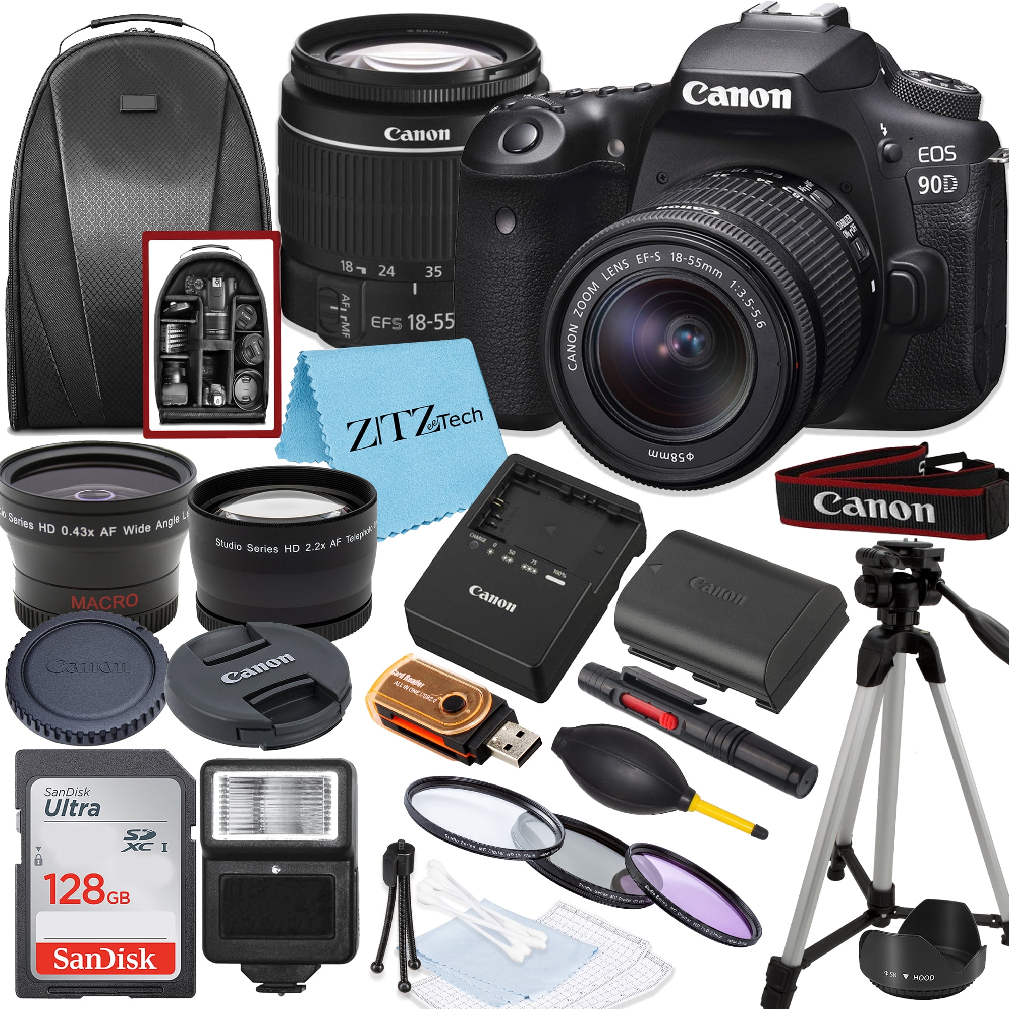 Canon EOS 90D DSLR Camera with 18-55mm Zoom Lens, SanDisk 128GB Memory ...