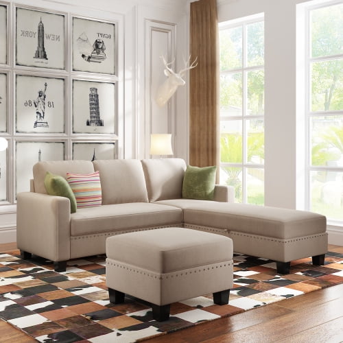 L-shaped Sectional Sofa with Ottoman, Futon Sofa Bed with Nailhead Trim ...