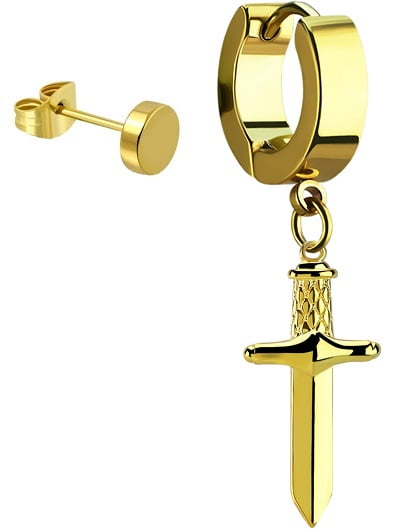 iJewelry2 Gold Tone Stainless Steel Dangling Sword Dagger Large Huggie ...